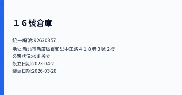 16號倉庫的照片-統編 92630357(新北市) 公司登記資料與營業項目詳細圖表