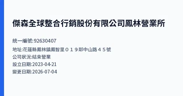 傑森全球整合行銷股份有限公司鳳林營業所的照片-統編 92630407(花蓮縣) 公司登記資料與營業項目詳細圖表