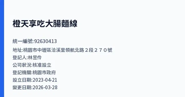 橙天享吃大腸麵線的照片-統編 92630413(桃園市) 公司登記資料與營業項目詳細圖表