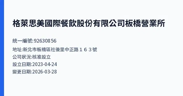 格萊思美國際餐飲股份有限公司板橋營業所的照片-統編 92630856(新北市) 公司登記資料與營業項目詳細圖表