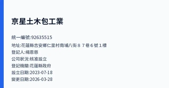 京星土木包工業的照片-統編 92635515(花蓮縣) 公司登記資料與營業項目詳細圖表