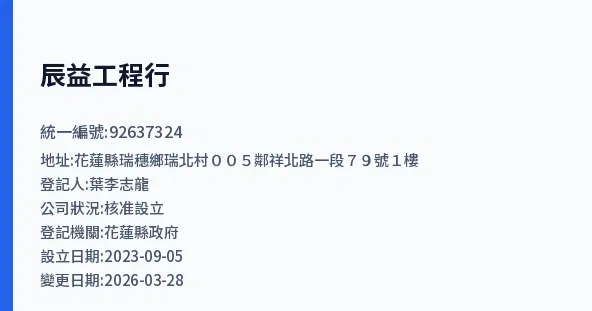 辰益工程行的照片-統編 92637324(花蓮縣) 公司登記資料與營業項目詳細圖表