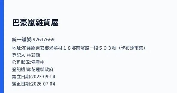 巴豪嵐雜貨屋的照片-統編 92637669(花蓮縣) 公司登記資料與營業項目詳細圖表