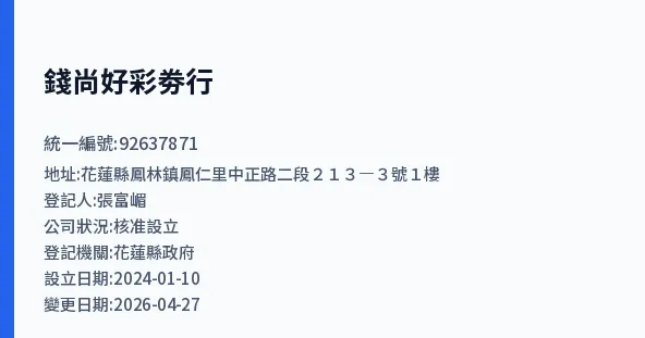 錢尚好彩劵行的照片-統編 92637871(花蓮縣) 公司登記資料與營業項目詳細圖表