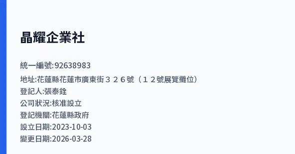 晶耀企業社的照片-統編 92638983(花蓮縣) 公司登記資料與營業項目詳細圖表