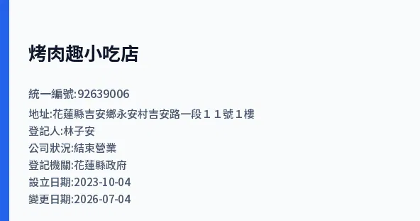 烤肉趣小吃店的照片-統編 92639006(花蓮縣) 公司登記資料與營業項目詳細圖表