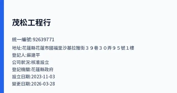 茂松工程行的照片-統編 92639771(花蓮縣) 公司登記資料與營業項目詳細圖表
