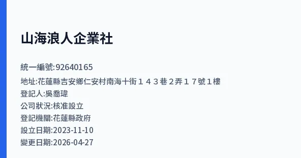 山海浪人企業社的照片-統編 92640165(花蓮縣) 公司登記資料與營業項目詳細圖表