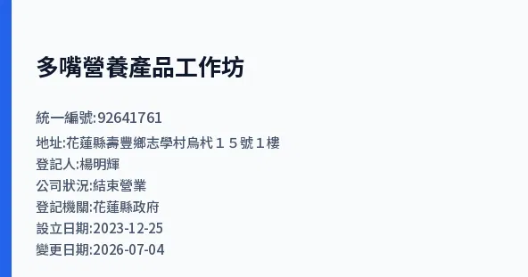 多嘴營養產品工作坊的照片-統編 92641761(花蓮縣) 公司登記資料與營業項目詳細圖表