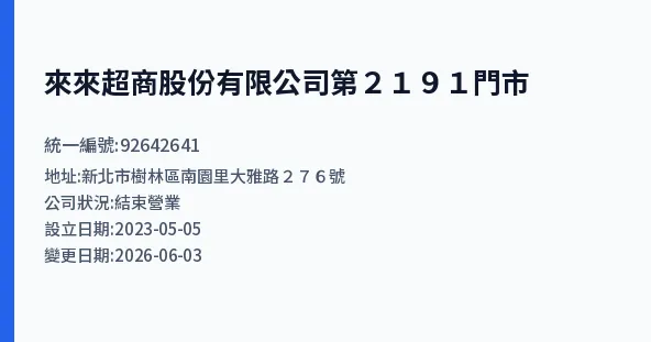 來來超商股份有限公司第2191門市的照片-統編 92642641(新北市) 公司登記資料與營業項目詳細圖表