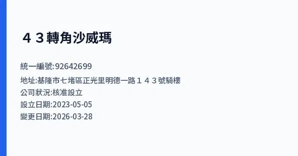43轉角沙威瑪的照片-統編 92642699(基隆市) 公司登記資料與營業項目詳細圖表