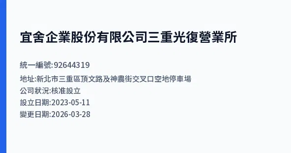 宜舍企業股份有限公司三重光復營業所的照片-統編 92644319(新北市) 公司登記資料與營業項目詳細圖表