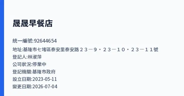 晟晟早餐店的照片-統編 92644654(基隆市) 公司登記資料與營業項目詳細圖表