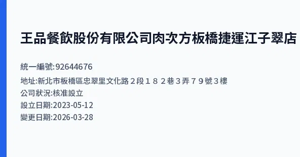 王品餐飲股份有限公司肉次方板橋捷運江子翠店的照片-統編 92644676(新北市) 公司登記資料與營業項目詳細圖表