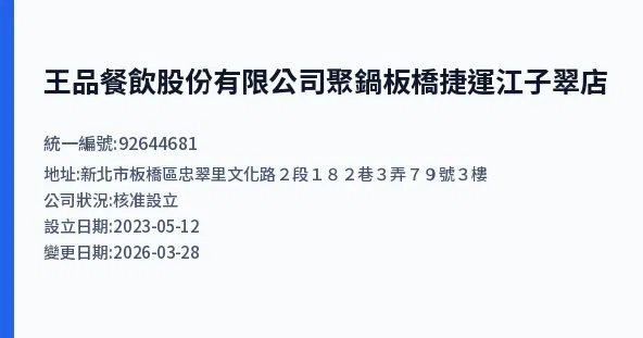 王品餐飲股份有限公司聚鍋板橋捷運江子翠店的照片-統編 92644681(新北市) 公司登記資料與營業項目詳細圖表