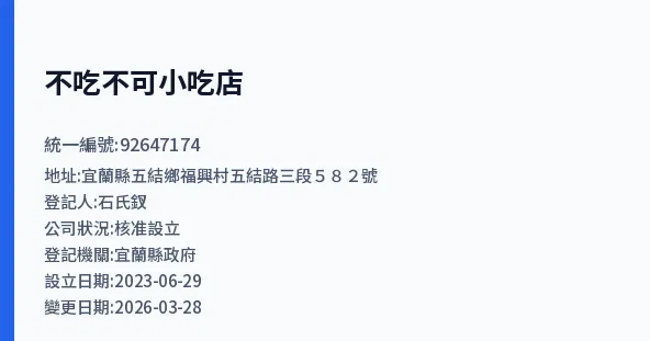 不吃不可小吃店的照片-統編 92647174(宜蘭縣) 公司登記資料與營業項目詳細圖表
