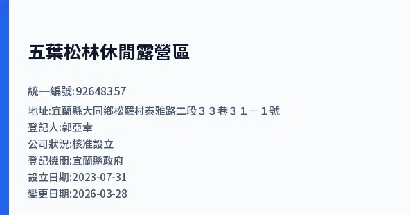 五葉松林休閒露營區的照片-統編 92648357(宜蘭縣) 公司登記資料與營業項目詳細圖表