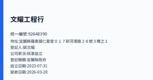 文耀工程行的照片-統編 92648390(宜蘭縣) 公司登記資料與營業項目詳細圖表