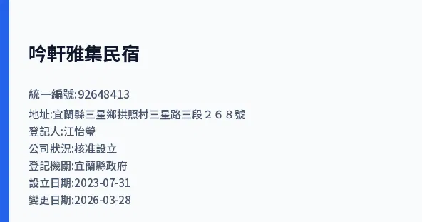 吟軒雅集民宿的照片-統編 92648413(宜蘭縣) 公司登記資料與營業項目詳細圖表