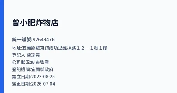 曾小肥炸物店的照片-統編 92649476(宜蘭縣) 公司登記資料與營業項目詳細圖表