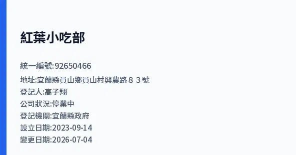 紅葉小吃部的照片-統編 92650466(宜蘭縣) 公司登記資料與營業項目詳細圖表