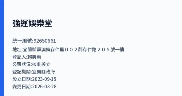 強運娛樂堂的照片-統編 92650661(宜蘭縣) 公司登記資料與營業項目詳細圖表