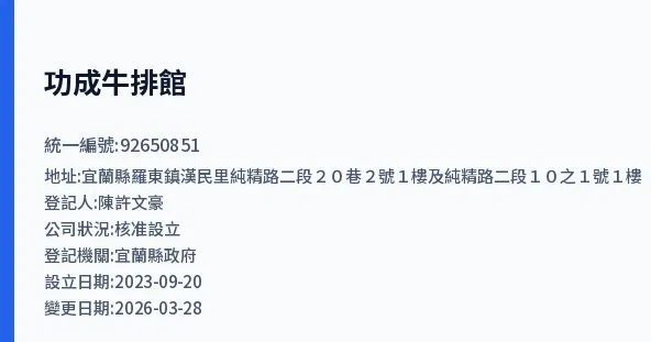 功成牛排館的照片-統編 92650851(宜蘭縣) 公司登記資料與營業項目詳細圖表