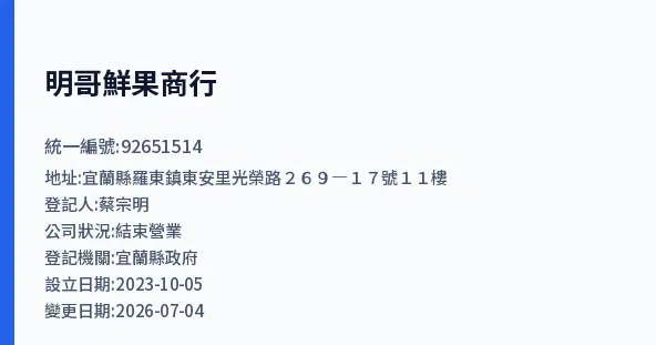 明哥鮮果商行的照片-統編 92651514(宜蘭縣) 公司登記資料與營業項目詳細圖表