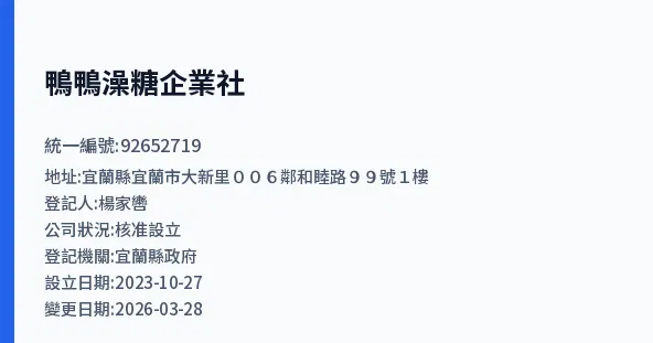 鴨鴨澡糖企業社的照片-統編 92652719(宜蘭縣) 公司登記資料與營業項目詳細圖表
