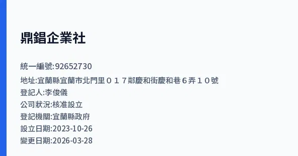 鼎錩企業社的照片-統編 92652730(宜蘭縣) 公司登記資料與營業項目詳細圖表