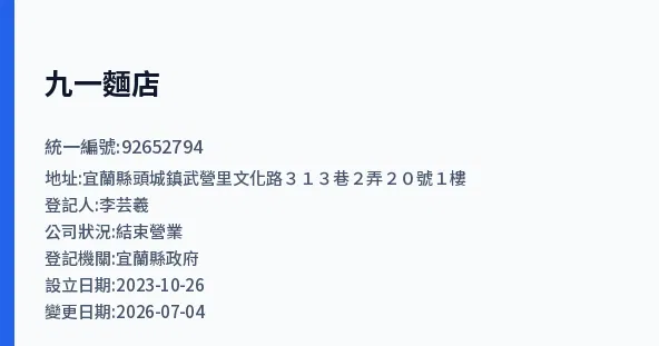 九一麵店的照片-統編 92652794(宜蘭縣) 公司登記資料與營業項目詳細圖表