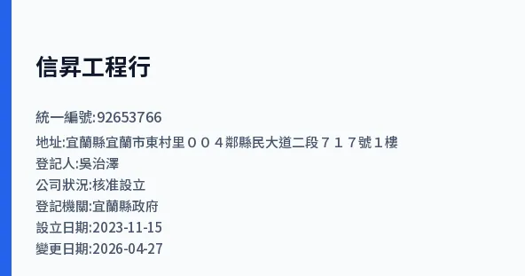信昇工程行的照片-統編 92653766(宜蘭縣) 公司登記資料與營業項目詳細圖表