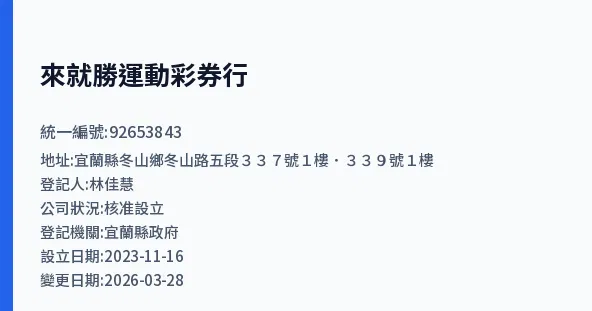 來就勝運動彩券行的照片-統編 92653843(宜蘭縣) 公司登記資料與營業項目詳細圖表