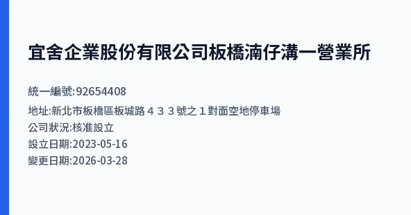 宜舍企業股份有限公司板橋湳仔溝一營業所的照片-統編 92654408(新北市) 公司登記資料與營業項目詳細圖表