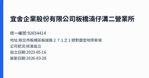 宜舍企業股份有限公司板橋湳仔溝二營業所的照片-統編 92654414(新北市) 公司登記資料與營業項目詳細圖表