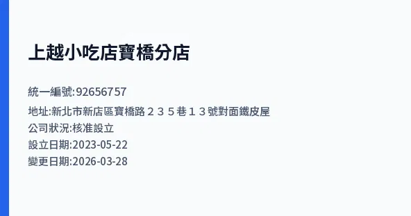 上越小吃店寶橋分店的照片-統編 92656757(新北市) 公司登記資料與營業項目詳細圖表