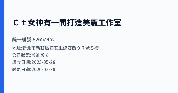 Ct女神有一間打造美麗工作室的照片-統編 92657952(新北市) 公司登記資料與營業項目詳細圖表