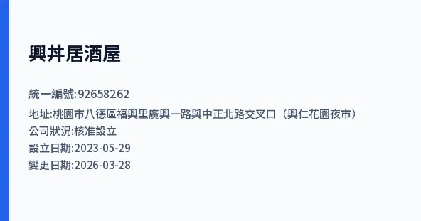 興丼居酒屋的照片-統編 92658262(桃園市) 公司登記資料與營業項目詳細圖表