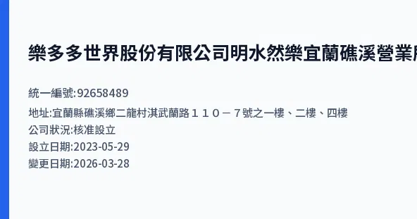 樂多多世界股份有限公司明水然樂宜蘭礁溪營業所的照片-統編 92658489(宜蘭縣) 公司登記資料與營業項目詳細圖表