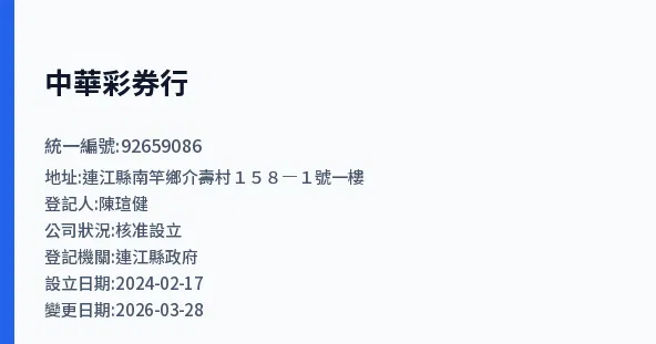 中華彩券行的照片-統編 92659086(連江縣) 公司登記資料與營業項目詳細圖表