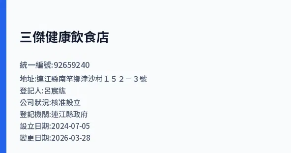 三傑健康飲食店的照片-統編 92659240(連江縣) 公司登記資料與營業項目詳細圖表