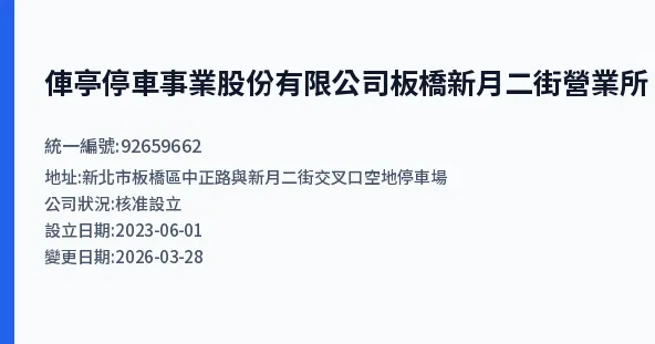 俥亭停車事業股份有限公司板橋新月二街營業所的照片-統編 92659662(新北市) 公司登記資料與營業項目詳細圖表