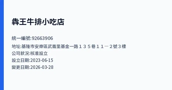 犇王牛排小吃店的照片-統編 92663906(基隆市) 公司登記資料與營業項目詳細圖表