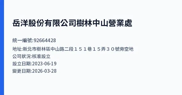 岳洋股份有限公司樹林中山營業處的照片-統編 92664428(新北市) 公司登記資料與營業項目詳細圖表