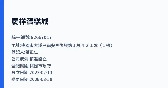 慶祥蛋糕城的照片-統編 92667017(桃園市) 公司登記資料與營業項目詳細圖表
