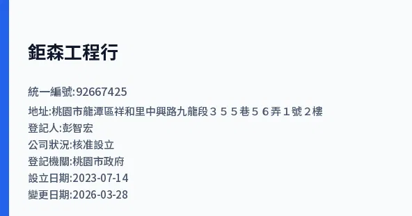 鉅森工程行的照片-統編 92667425(桃園市) 公司登記資料與營業項目詳細圖表