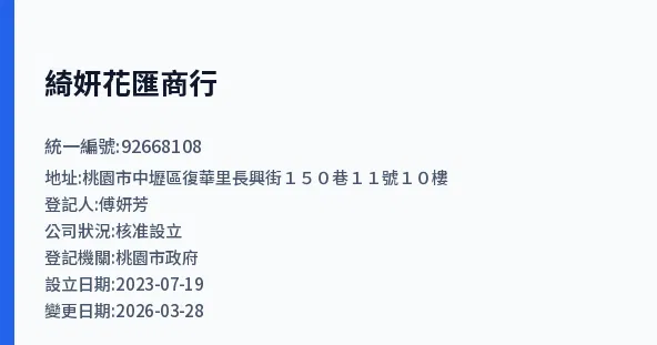 綺妍花匯商行的照片-統編 92668108(桃園市) 公司登記資料與營業項目詳細圖表