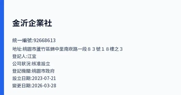 金沂企業社的照片-統編 92668613(桃園市) 公司登記資料與營業項目詳細圖表