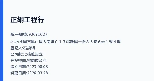 正綱工程行的照片-統編 92671027(桃園市) 公司登記資料與營業項目詳細圖表