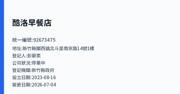 酷洛早餐店的照片-統編 92673475(新竹縣) 公司登記資料與營業項目詳細圖表
